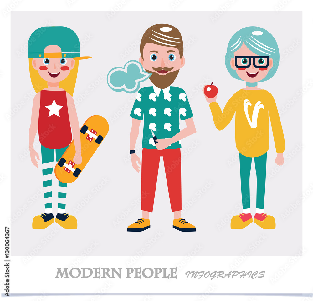 Set of cool modern vector people. Infographics, hipster vaper, vegan ...