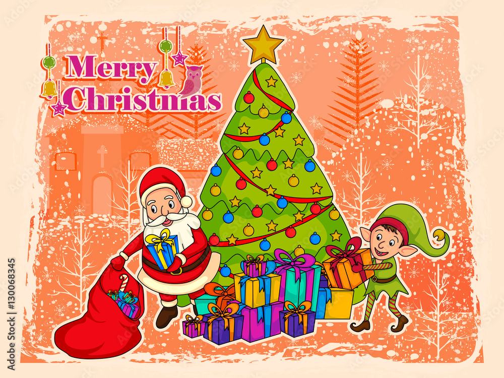 Santa Claus with Elf for Merry Christmas holiday celebration background ...
