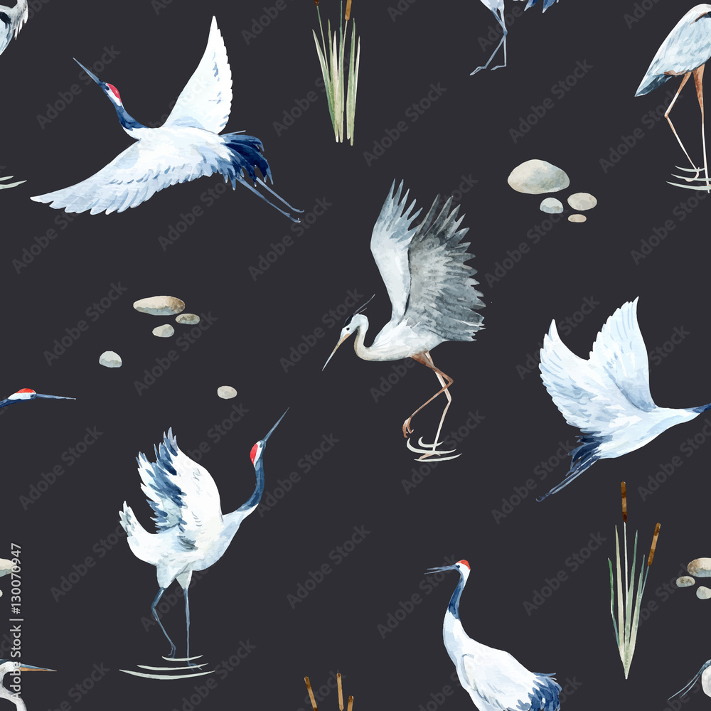 Watercolor crane pattern Stock Vector | Adobe Stock