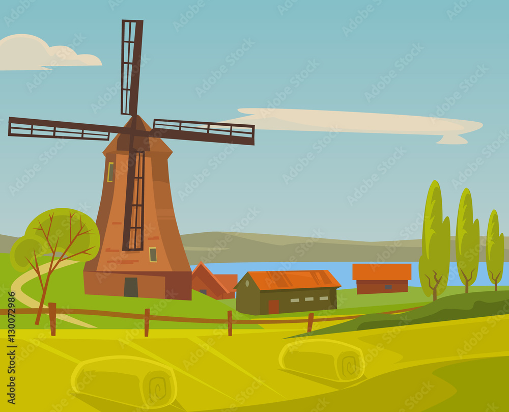 Mill farm landscape. Vector flat cartoon illustration Stock Vector ...