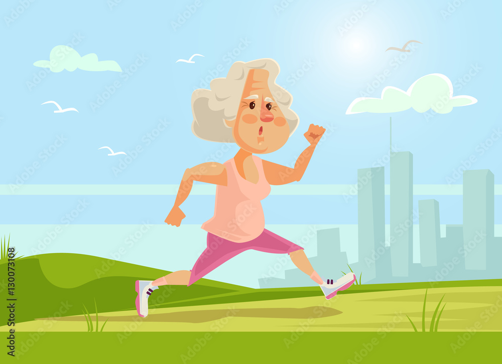 Old sport woman character running. Healthy lifestyle. Vector flat ...