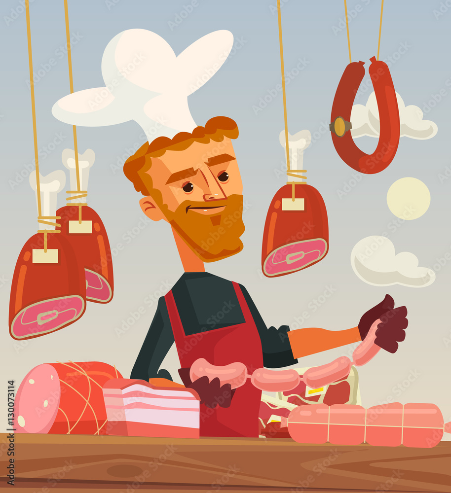 Butcher shop. Meat seller cook man character. Vector flat cartoon ...