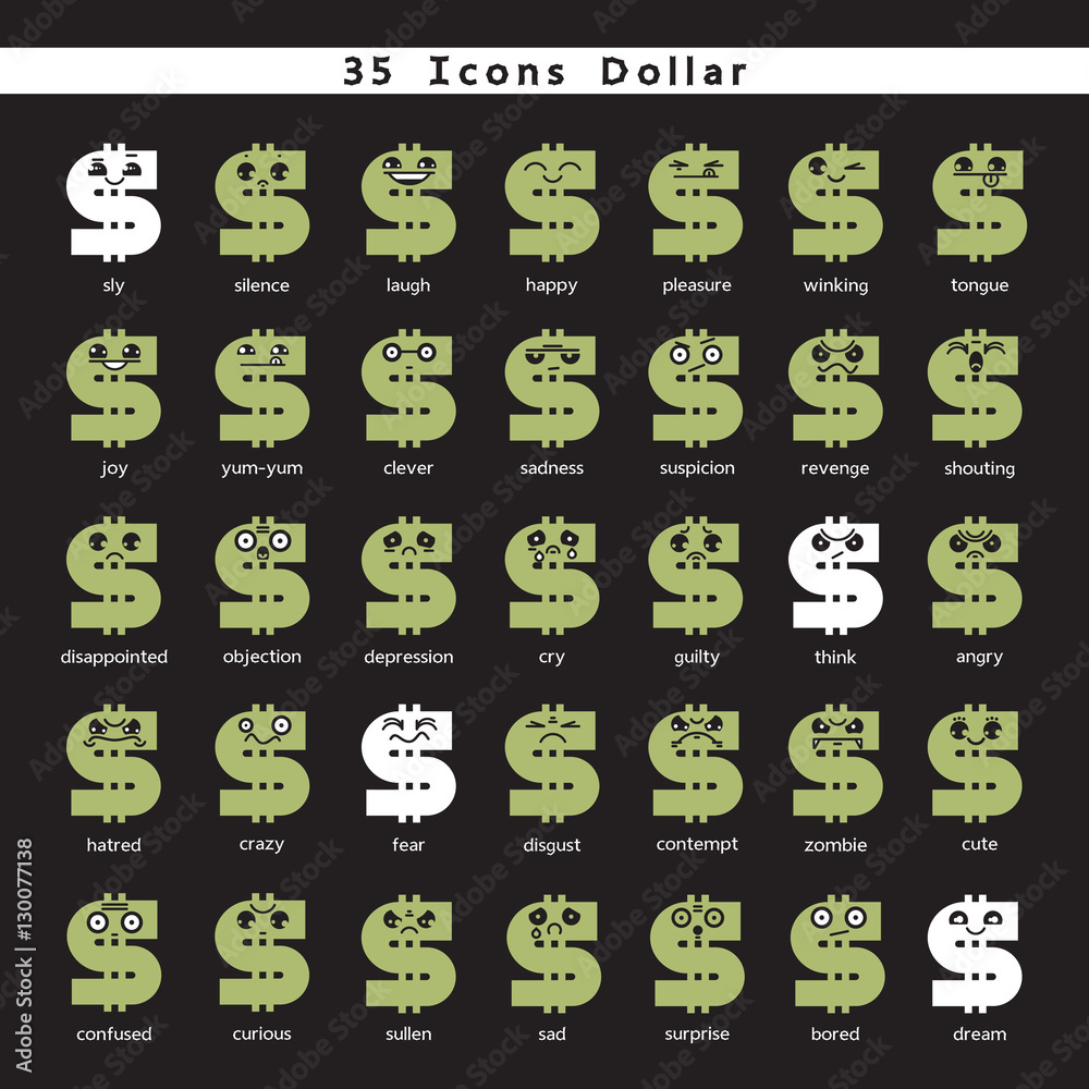 Vecteur Stock Dollar sign, vector icon. Set of funny cartoon characters ...