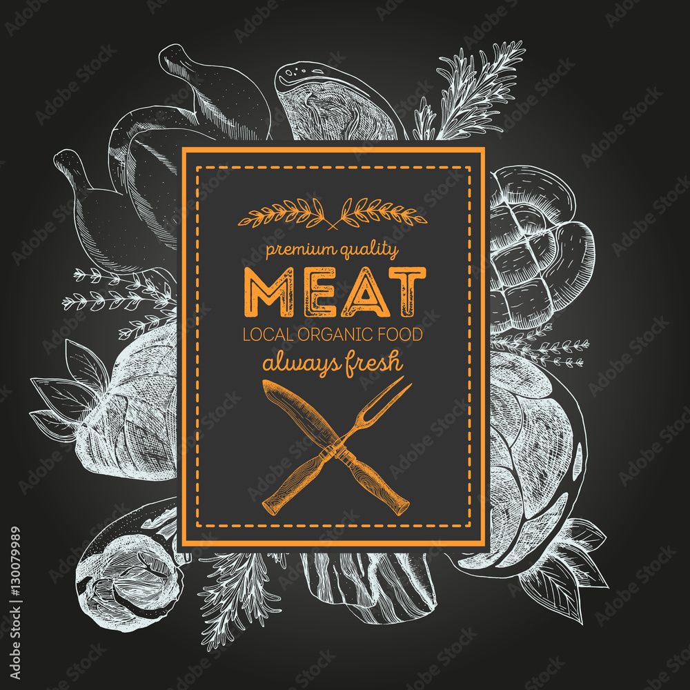Design template for meat market. Menu label with meat meal. Hand-drawn ...