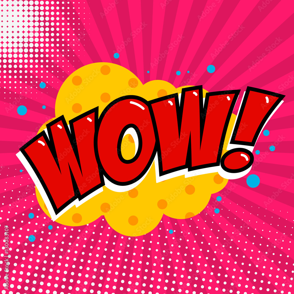 Wow! Comic style phrase on sunburst background. Design element for ...
