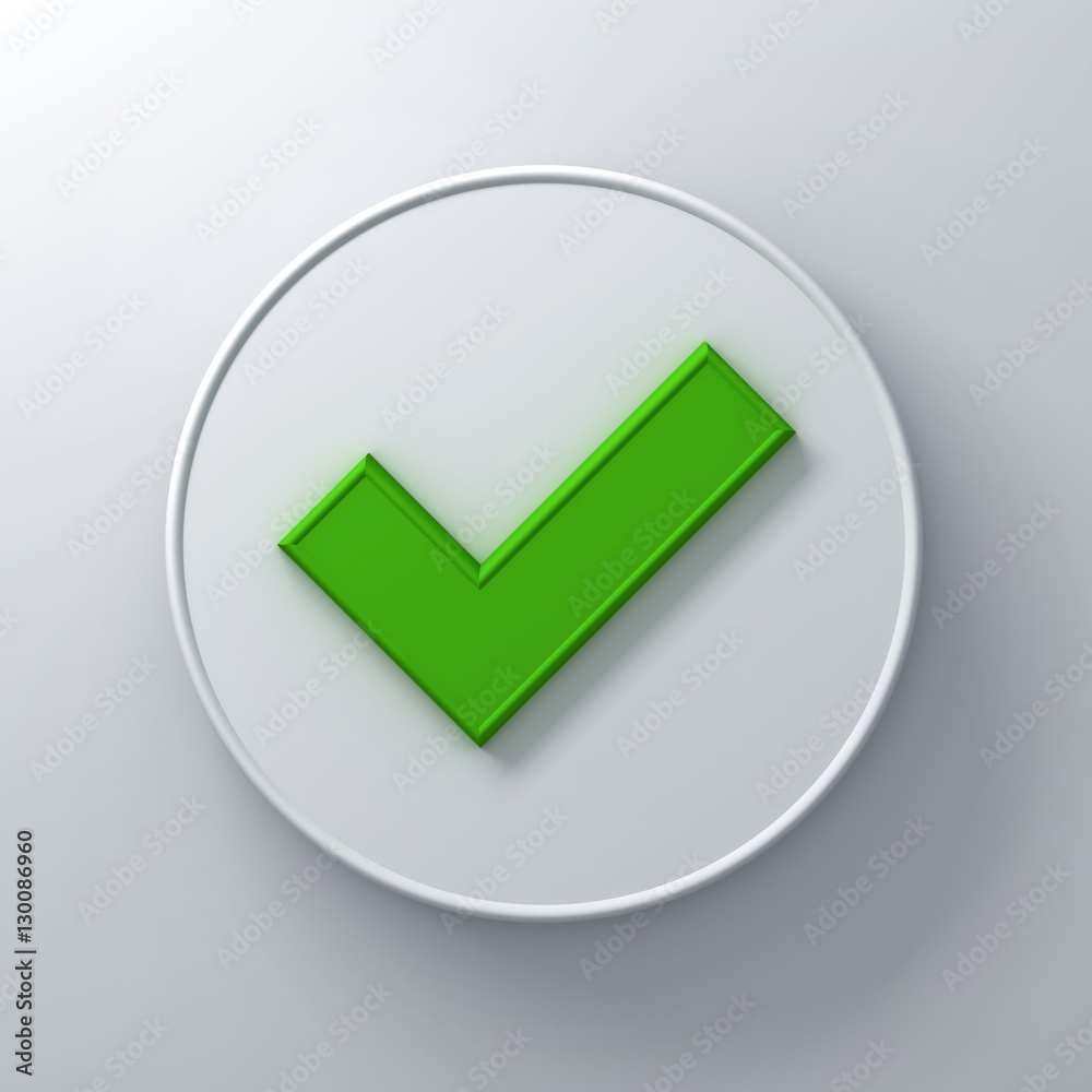Green check mark or tick abstract on round signboard over white wall ...