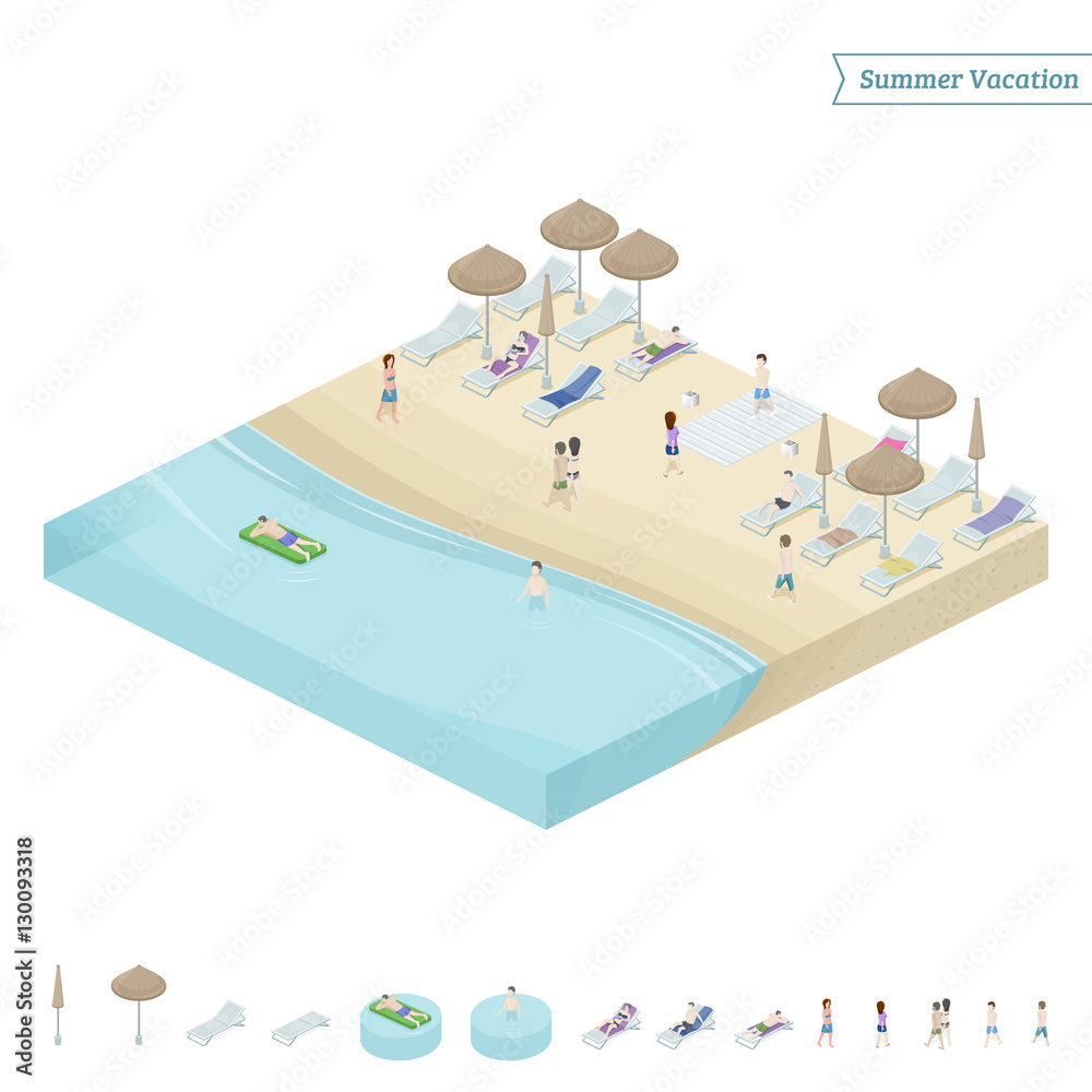 Isometric summer beach. Entrance to the beach + object isolated on ...