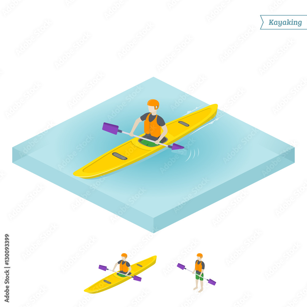 Man riding a yellow kayak. Isometric view. Rafting sports concept ...
