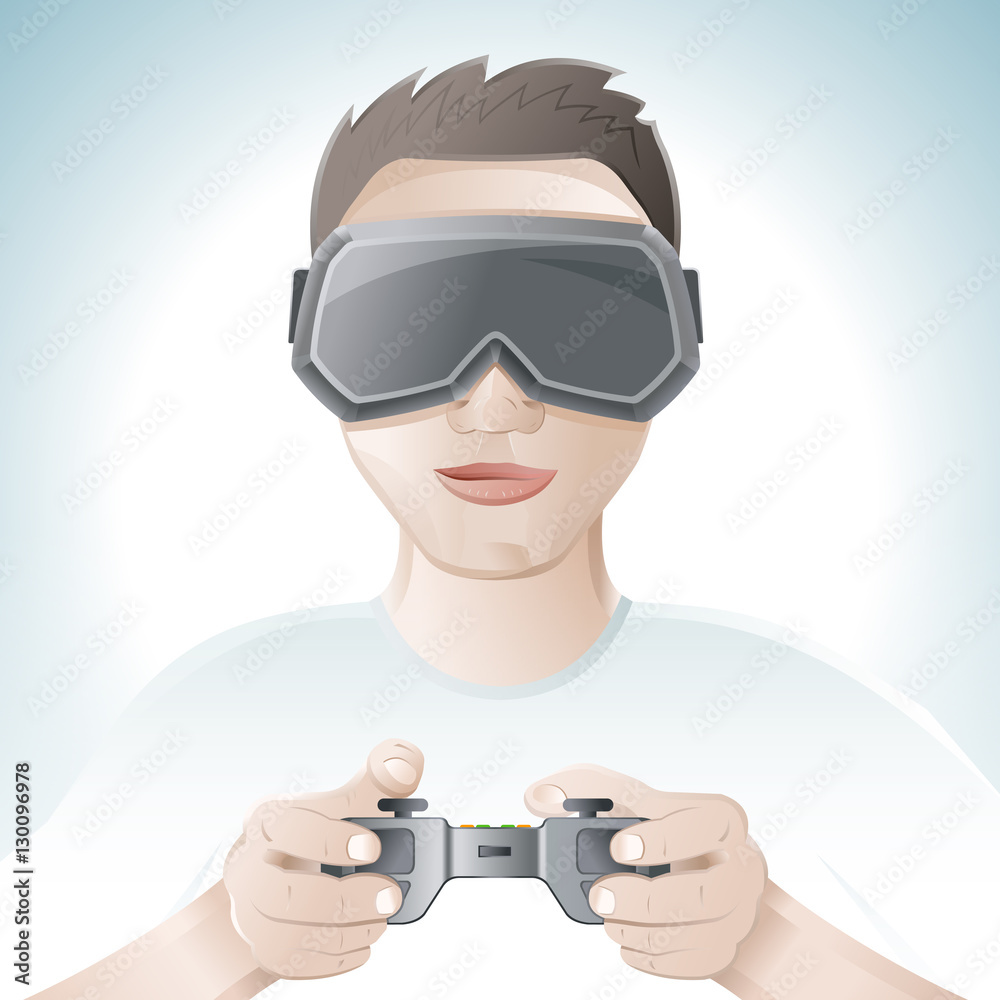A young man holding game controller playing video games. Virtual ...