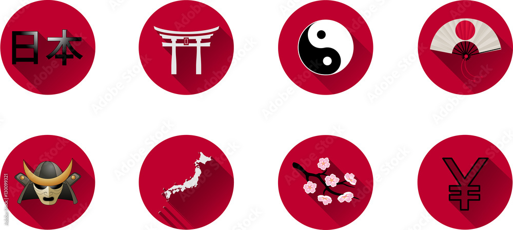 Japan Flat Icon Set. Vector graphic images representing signs and ...
