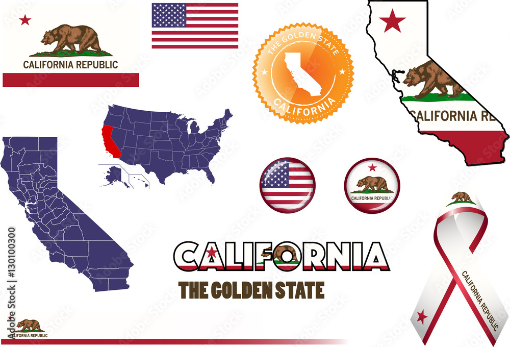 California Icons. Set of vector graphic images representing symbols of ...