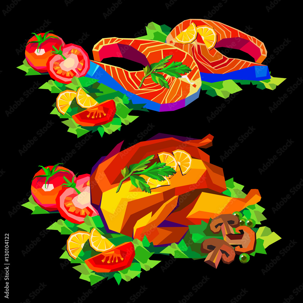 chicken, dinner, baked, fish, vector, seafood, sea Stock Vector | Adobe ...