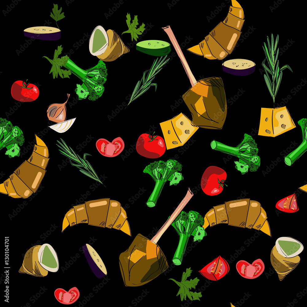 Seamless background with food logo. Menu pattern. Vector Illustration ...