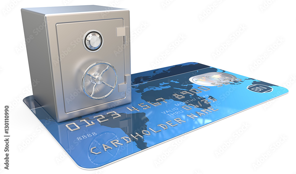 Secure Credit Card. 3D render of Blue Credit Card with a Steel Safe ...