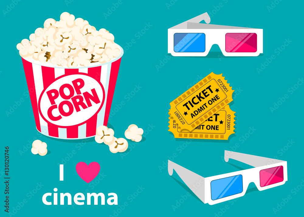 Movie poster template. Popcorn, 3d cinema glasses and tickets isolated ...