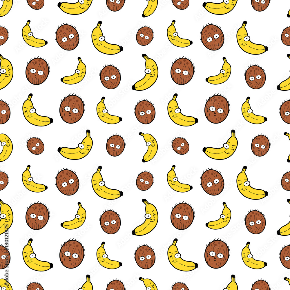 Fruits Seamless Vector Background with Funny Bananas and Coconuts Stock ...