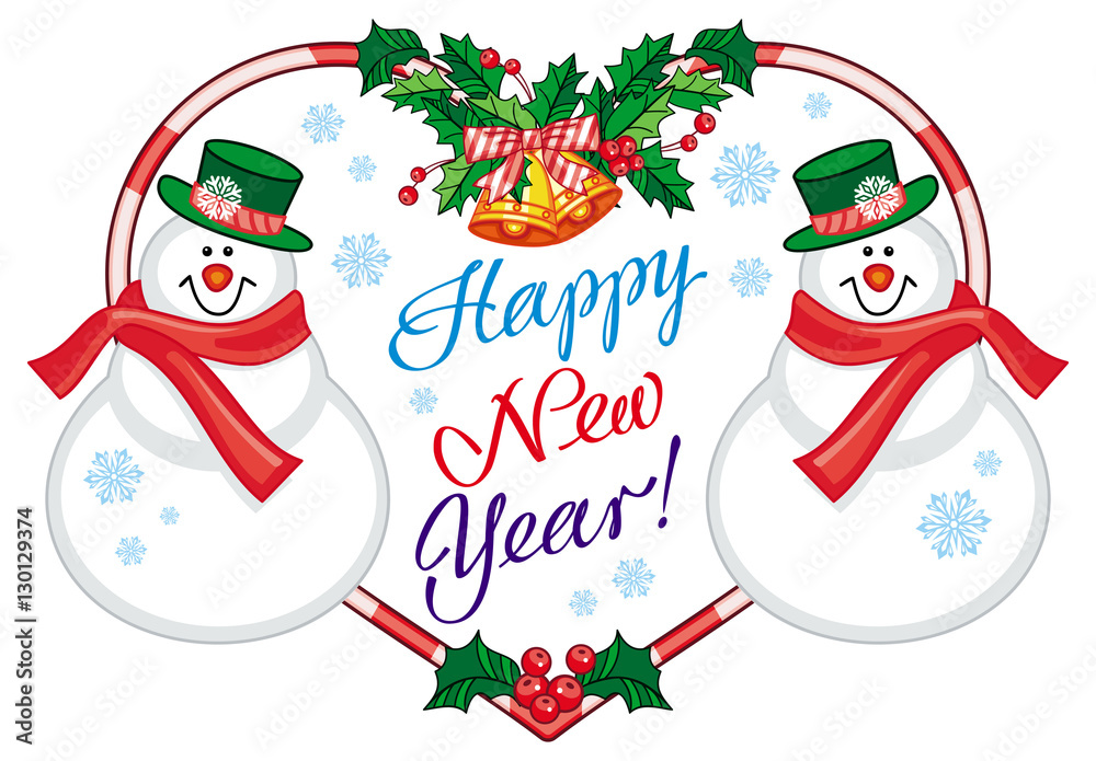 Heart-shaped holiday label with snowman and greeting text: "Happy New ...