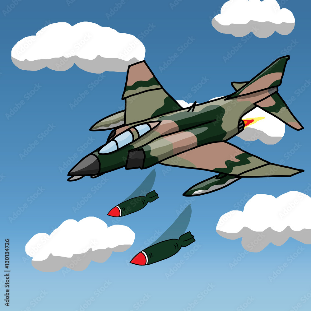 Hand drawn cartoon illustration of Military aircraft dropping bombs. Stock-Illustration | Adobe ...
