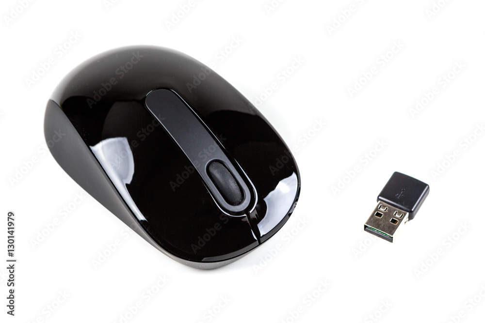 Black wireless mouse and USB dongle isolated on white background Stock ...