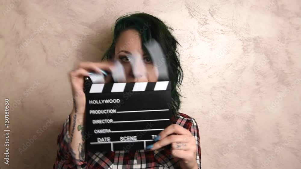 Young woman actress using movie clapper board audition Stock Video ...