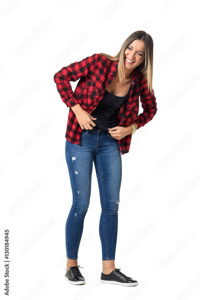 Bend young pretty woman in casual clothes laughing loudly. Full body ...