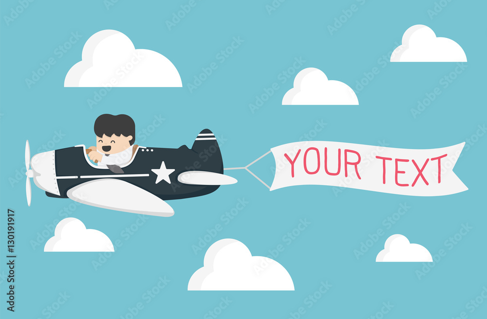 Cartoon Character flying advertising banners pulled by plane Stock ...