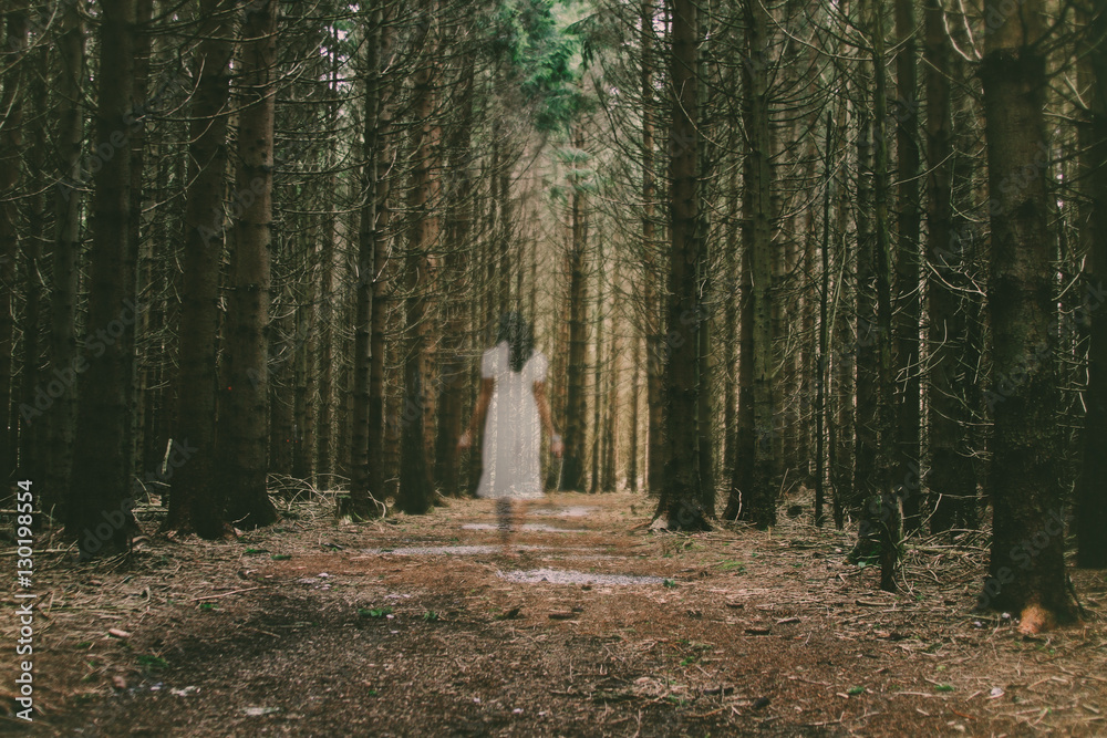 Female ghost walking barefoot through the forrest in white dress Stock ...
