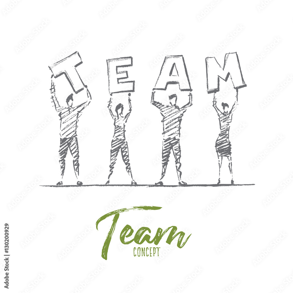Vector hand drawn team concept sketch. Group of people standing and ...