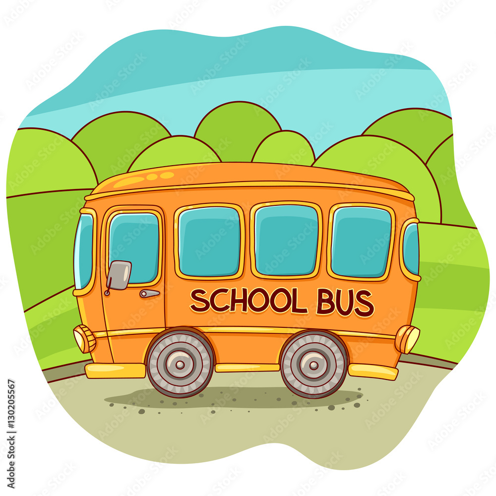 Illustration with a school bus. Vector illustration. Freehand drawing ...