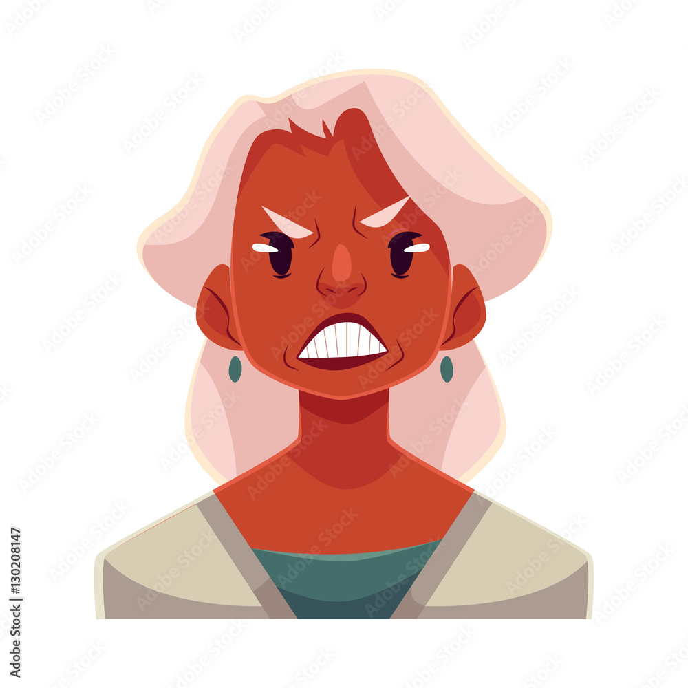 Grey haired old african lady, angry facial expression, cartoon vector ...