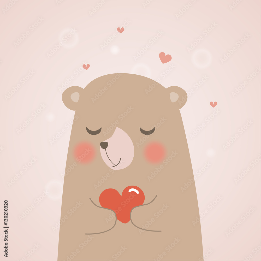 Cute teddy bear is holding a heart and hug with love on mini hearts ...