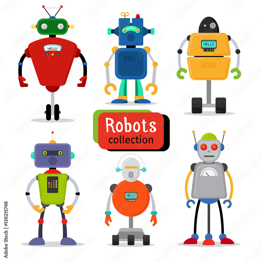 Cute cartoon robots set on white background. Vector illustration Stock ...