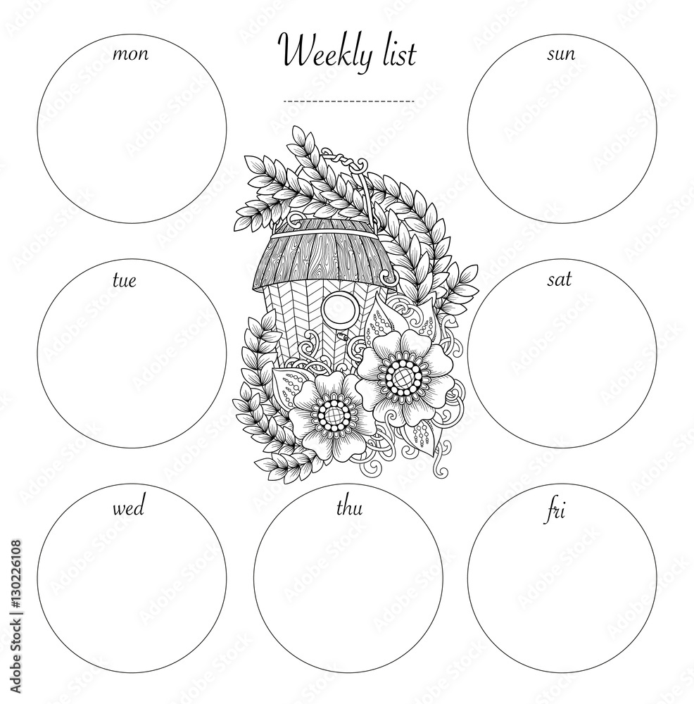 Planner Design and hand drawn coloring page. Black and white floral ...