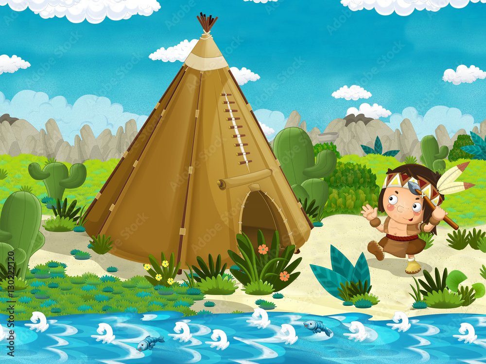 Cartoon indian character neat his tee pee in the wilderness ...