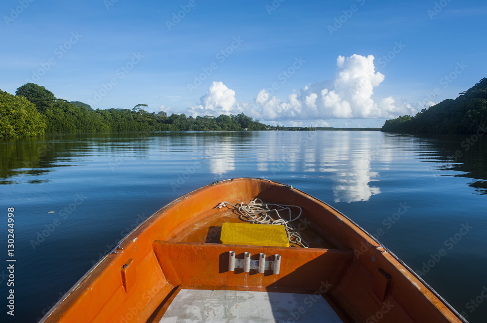 Boat cruising on a river in Pohnpei (Ponape), Federated States of ...