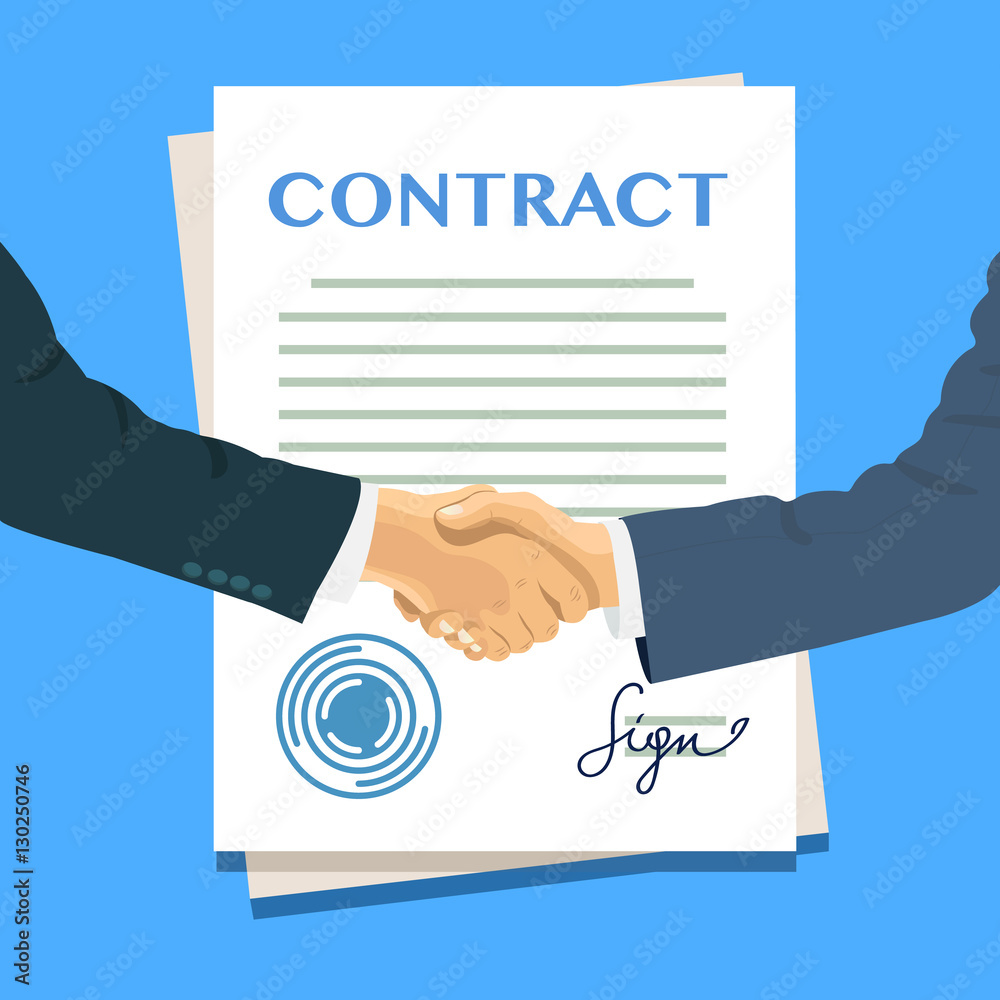Handshake of two businessmen on the background of the contract. Signed ...