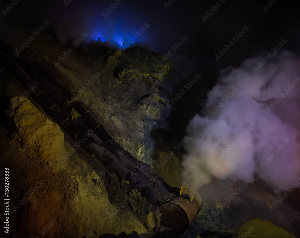Volcanic steam coming out of the pipe next to sulfur (Indonesia) Stock ...