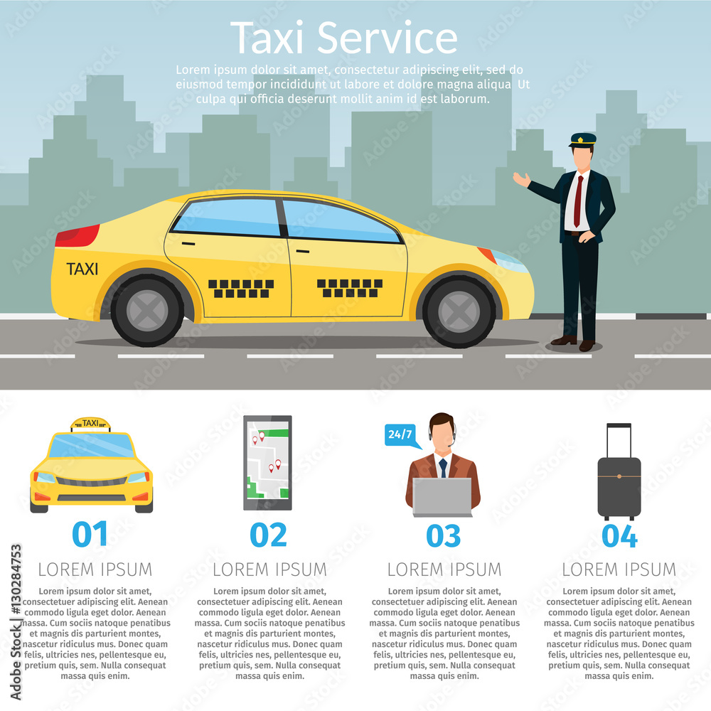 Taxi driver Call with smartphone service background the city flat style ...