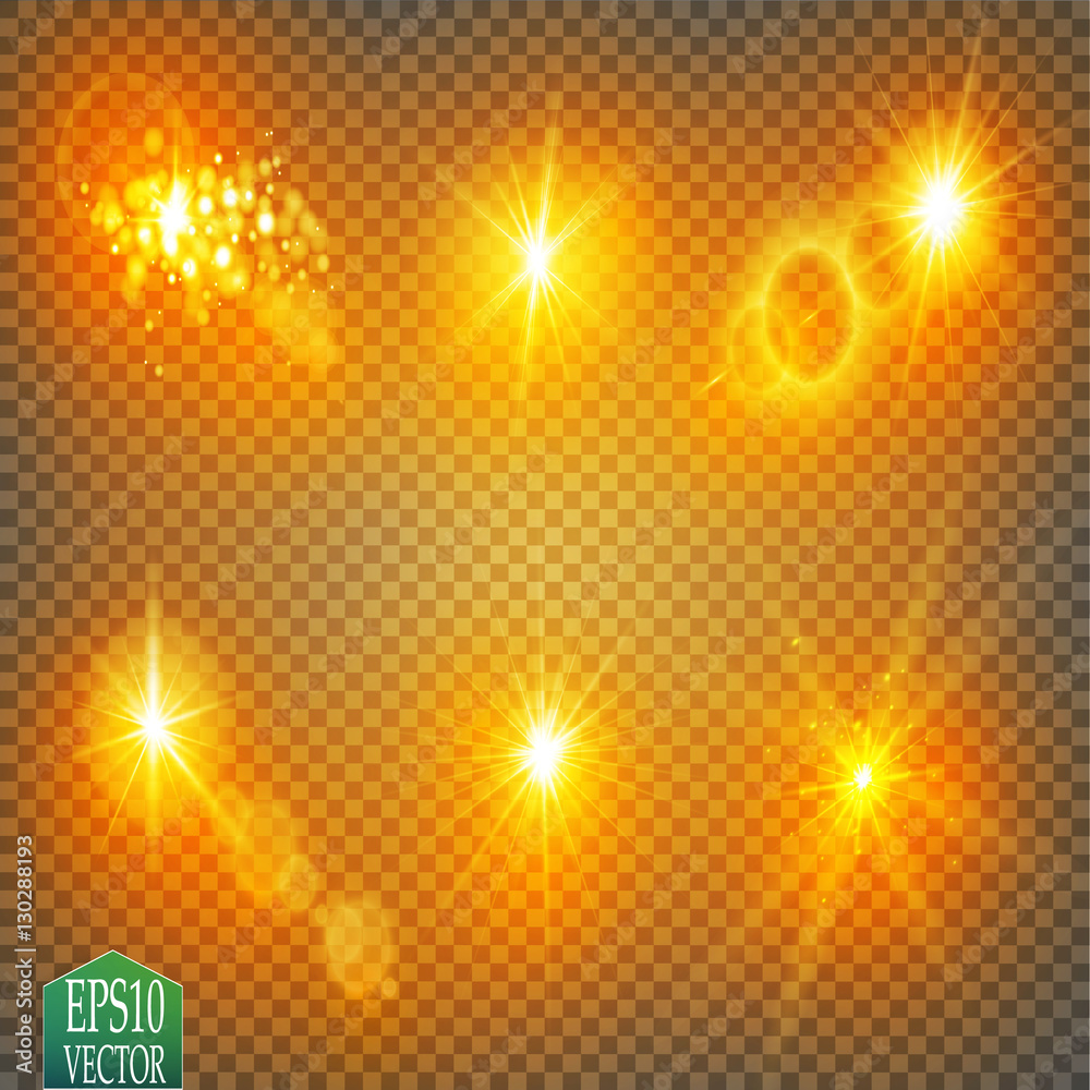 Set of golden glowing lights effects isolated on transparent background ...