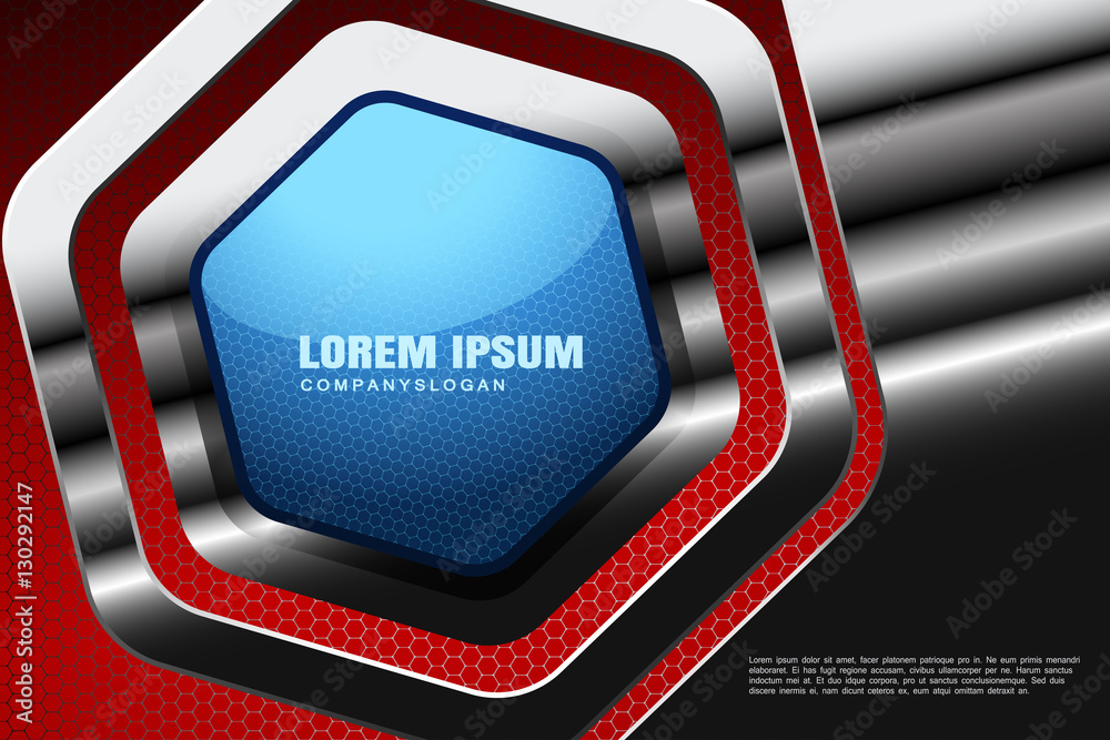 Vector abstract gradient red mesh background with hexagon blue shape in frame cutout from metal ...