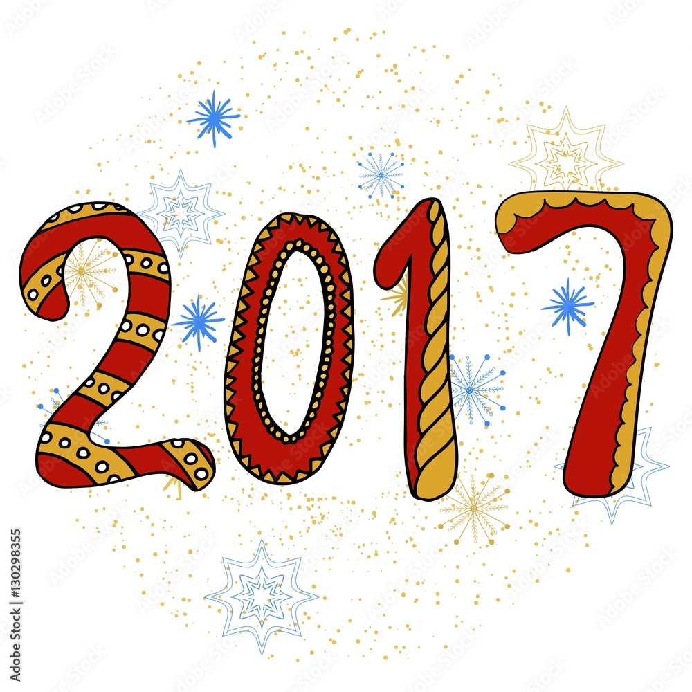 Happy New Year 2017 celebration number. Hand drawn new year numbers in ...