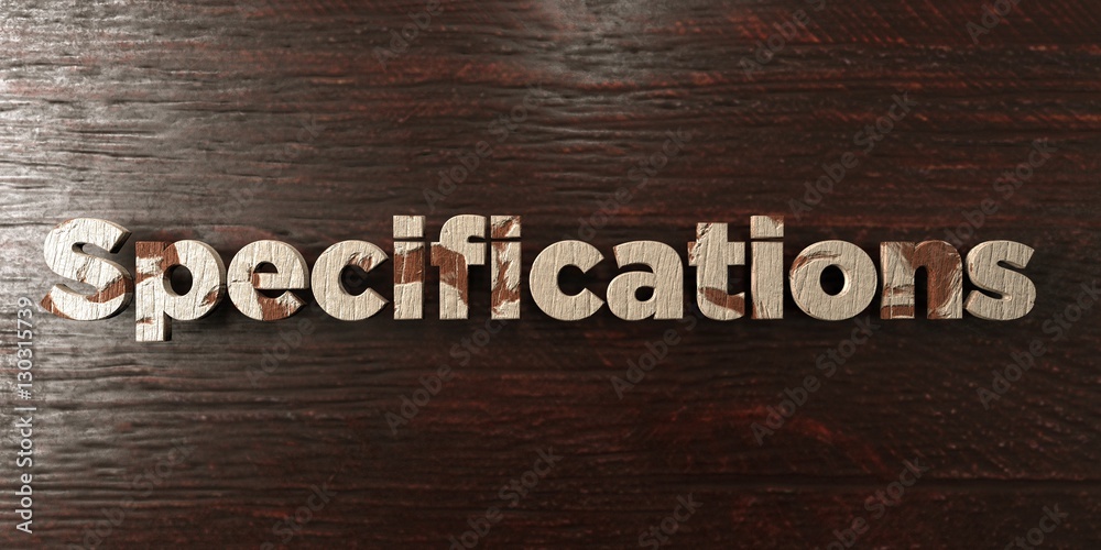 Specifications - grungy wooden headline on Maple - 3D rendered royalty ...