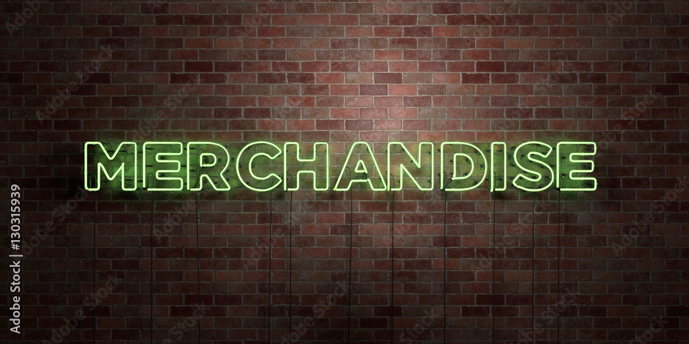 MERCHANDISE - fluorescent Neon tube Sign on brickwork - Front view - 3D ...