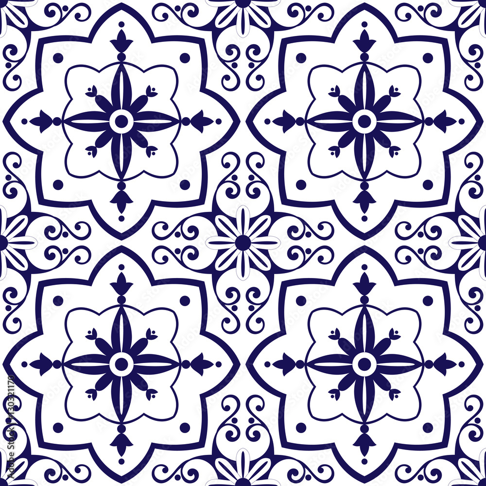 Mexican tiles pattern vector with blue and white flowers ornaments ...