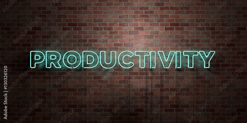 PRODUCTIVITY - fluorescent Neon tube Sign on brickwork - Front view ...
