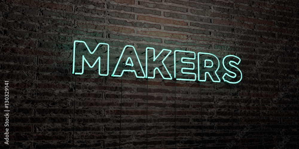 MAKERS -Realistic Neon Sign on Brick Wall background - 3D rendered ...