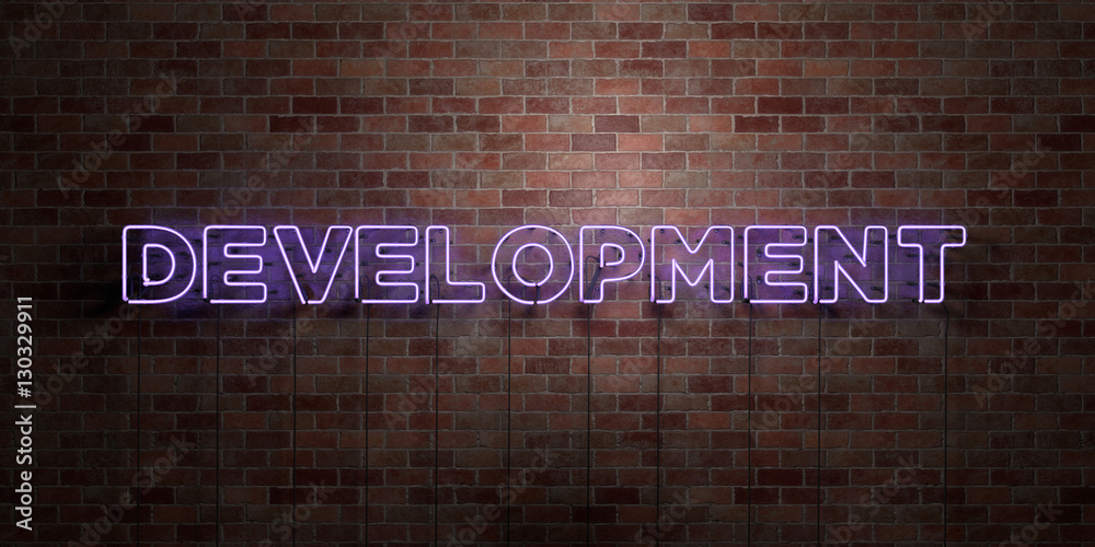 DEVELOPMENT - fluorescent Neon tube Sign on brickwork - Front view - 3D ...