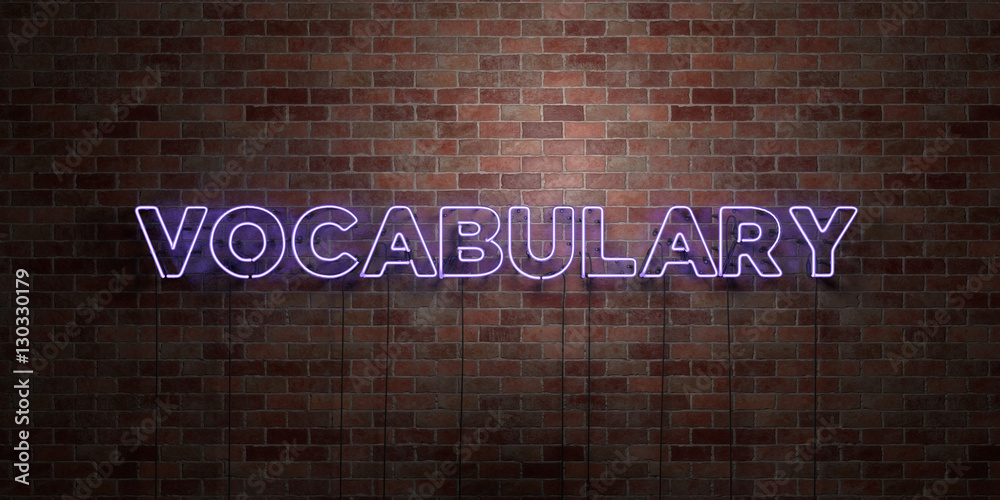 VOCABULARY - fluorescent Neon tube Sign on brickwork - Front view - 3D ...
