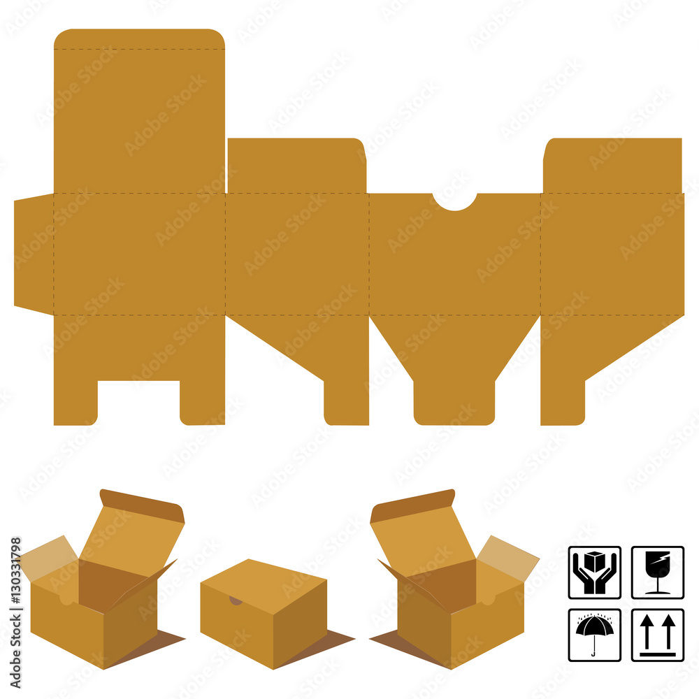 Corrugated cardboard lid on top. Box Corrugated brown and symbols ...