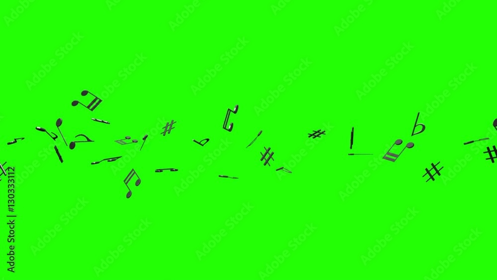Black Musical Notes On Green Chroma Key. Loop able 3DCG render ...